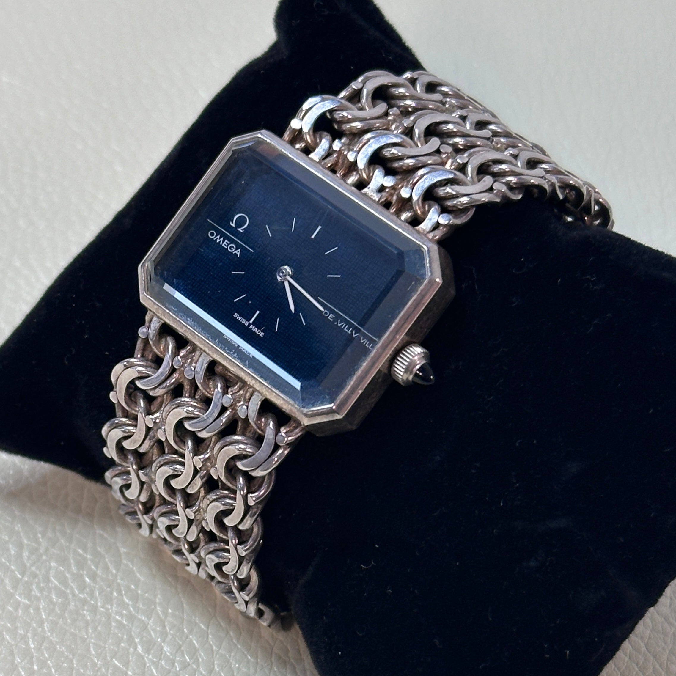 Estate Sterling Silver Omega DeVille Dress Watch with Rectangle Face b ...